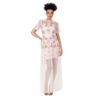 Maya Damen Womens Ladies Maxi Dress Round Neck Short Flutter Sleeve Sequin Embellished Mini Slip A-line Bridesmaid Wedding Guest Kleid, Ecru, 34