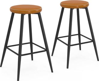 IDMarket Set mit 2 Barhockern ISAURE mit Sitzfläche in Lederoptik braun und Beinen aus schwarzem Metall