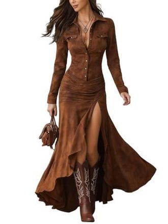 Generic Robe western vintage boutonn&eacute;e &agrave; manches longues et col en V pour femme, marron, 3XL