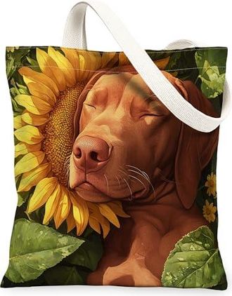 Generic Spring Vizsla Sac fourre-tout en toile r&eacute;utilisable pour faire du shopping, 33 x 38,1 cm, motif imprim&eacute; de feuille de tournesol, chiot, sac d&eacute;picerie,