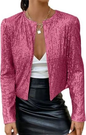 TOMWELL Femmes Mode Col Montant Paillettes Manteau Court Casual Manches Longues Manteau Slim Fit Veste De Costume Couleur Unie Jacket Cardigan Clubwear A Rose