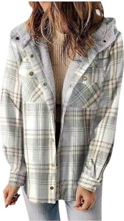 Generic Vestes pour femmes 2026 Veste &agrave; carreaux &agrave; manches longues boutonn&eacute;e en polaire chaude &agrave; capuche pour femme, gris clair, XXL