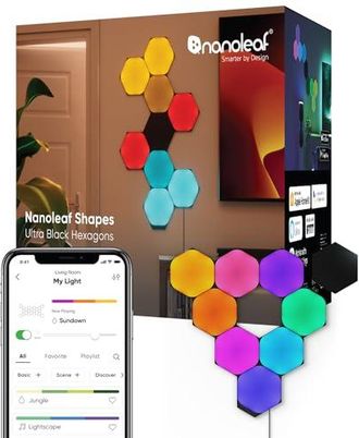 Nanoleaf Shapes Ultra Black Hexagon Starter Kit, 9 Smarten LED Panels RGBW - Modulare WLAN 16 Mio. Farben Wandleuchte Innen, Musik & Bildschirm Sync, Funktioni