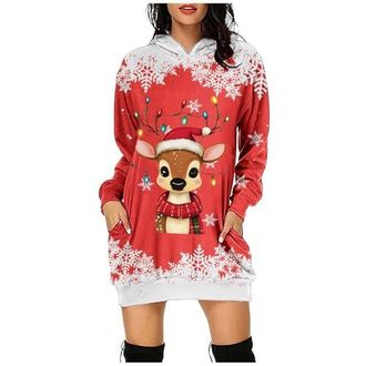 Generic Robe &agrave; capuche avec imprim&eacute; cerf lumineux pour femme, rouge past&egrave;que, XL