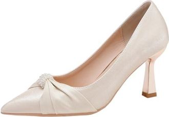 Generic Qynthra Escarpins de Cour Femme Satin D&eacute;tail Noeud Perle Bout Carr&eacute; Talon Fin &agrave; Enfiler Bout Pointu Pumps Large 6CM/8CM Talon Moyen Chaussures de Vill