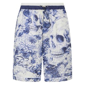 Philipp Plein Linen Bowling Shorts All-Over Ceramic - - Shorts - Herren - Blau - XL