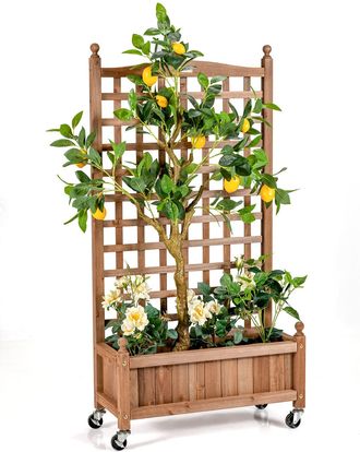 Costway Blumenkasten mit Rankgitter, Pflanzkasten Holz auf Rollen, für Kletterpflanzen, Hochbeet mit Spalier, Gartenspalier mit Drainagelöchern, für Garten Ho