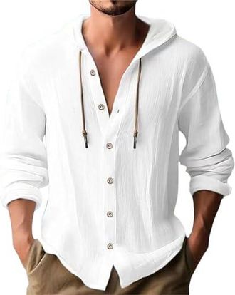 Generic Sweat &agrave; capuche en lin &agrave; manches longues boutonn&eacute;es pour homme | Sweat &agrave; capuche de plage l&eacute;ger pour l&eacute;t&eacute; - pour les voyages, blanc, XXL
