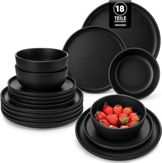 VANCASSO S&eacute;rie PLAYA Service de Table 6 Personnes, Set Vaisselle Noir en Gr&egrave;s 18 Pi&egrave;ces - 6 Assiettes Plates, 6 Assiettes &agrave; Dessert et 6 Bols - Adapt&eacute; au Lave-
