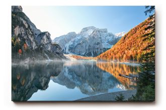 Paul Sinus Art Sinus Art Wandbild 120x80cm Spiegelglatter See vor verschneiten Bergen und herbstlich gef&auml;rbtem Wald