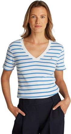 Tommy Hilfiger T-Shirt Manches Courtes Femme New Slim Cody Col en V, Multicolore (Ecru/Blue Spell STP), XL