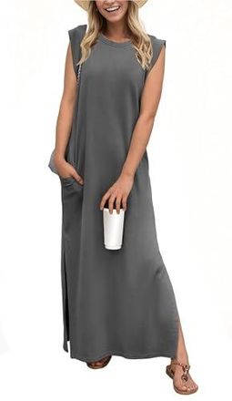 Generic Robe longue d&eacute;t&eacute; d&eacute;contract&eacute;e sans manches pour femme 2026 - Coupe ample et tendance - Pour les vacances et la plage, gris fonc&eacute;, XXL