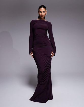 Asos Robe longue sculptante avec empiècement en maille et manches longues - Prune-Violet