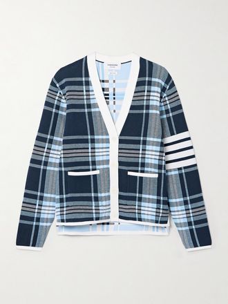 Thom Browne Cardigan En Jacquard De Coton M&eacute;lang&eacute; &Agrave; Carreaux - Bleu