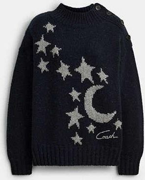 Coach Stars And Moon Intarsia Rundhalspullover f&uuml;r Frauen in Schwarz, Gr&ouml;&szlig;e X-Klein | Wolle