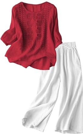 Generic Ensemble 2 pi&egrave;ces d&eacute;t&eacute; en coton et lin pour femme, haut brod&eacute; d&eacute;contract&eacute; et pantalon long en coton et lin, tenue tendance, v&ecirc;tements de d&eacute;tente l&eacute;ger