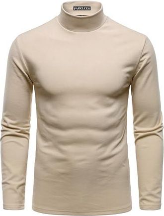 PARKLEES Pull à col roulé et manches longues en micro polaire extensible pour homme, beige, M