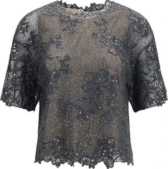Brunello Cucinelli Pailletten-Rundhals-Oberteil - - Blouses & Shirts - Damen - Grau - L