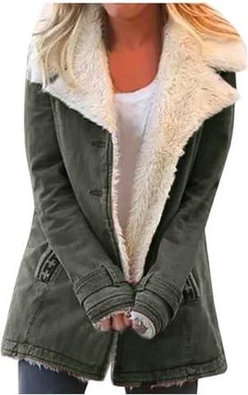 Generic Veste chaude doubl&eacute;e en peluche avec col &agrave; revers pour femme, manteau dhiver chaud en fausse fourrure boutonn&eacute;e en polaire, vert militaire, XXL