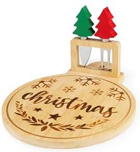 Excelsa Christmas Wood Schneidebrett aus Holz mit K&auml;semessern, Weihnachtsdekoration mit B&auml;umen