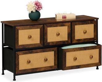 Relaxdays Kommode, 5 Schubladen, Rattanoptik, Flur, Schlafzimmer, HBT 54,5x100x32,5 cm, Sideboard, Metall, braun/schwarz