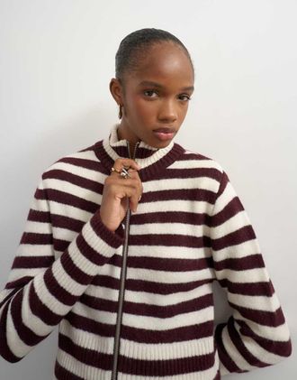 Topshop gestrickte Strickjacke mit Rei&szlig;verschluss in burgunderrot und Ecru gestreift-Multi