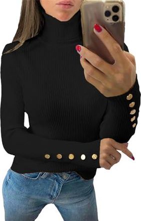 Generic Pull &agrave; col roul&eacute; pour Femme, Manches Longues, Coupe ajust&eacute;e, Maille Douce et l&eacute;g&egrave;re, Boutons m&eacute;talliques, Noir, Taille XL
