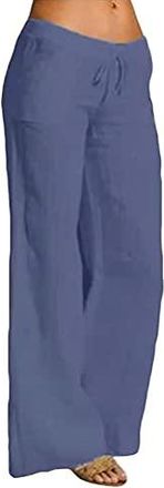ORANDESIGNE Pantalon Lin Femme Été Pantalon Fluide Large Taille Elastique Casual Ample Solide Grande Taille A Bleu XS