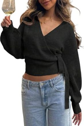 Generic Pull cache-coeur &agrave; col en V pour femme - Manches longues - Taille cintr&eacute;e - Haut court dautomne en tricot l&eacute;ger &agrave; nouer sur le c&ocirc;t&eacute;, Noir, XL