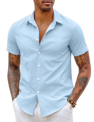 Coofandy Hemd Kurzarm Herren Businesshemd Sommerhemd Kurzarmhemd Freizeithemd Herrenhemd Kurzarm Einfarbig Basic Shirt Button Down Hemd Blau 3XL