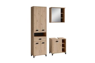 Byliving Badmöbelset Wellness / 3-teilig/Spiegelschrank, Waschbeckenunterschrank und Hochschrank/LED-Beleuchtung/Spiegel/Waschtisch/Hängeschrank/viel Stauraum 