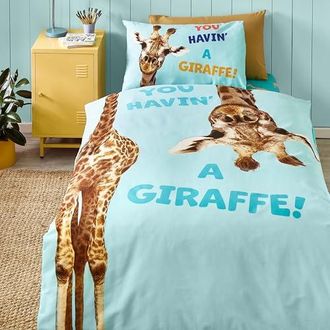 Catherine Lansfield Kids Havin A Giraffe Wende-Bettw&auml;sche-Set mit Kissenbezug, f&uuml;r Einzelbett, Aquablau