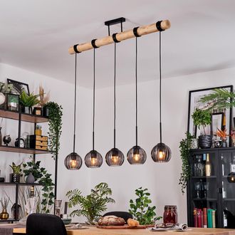 HOFSTEIN Pendelleuchte Koyoto, 5-flammige H&auml;ngelampe aus Metall/Holz/Riffelglas in Schwarz/Natur/Rauch, H&auml;ngeleuchte im Boho/Retro-Design mit Holzstab (Schirme