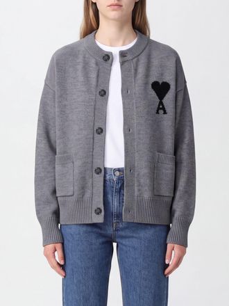 Ami Cardigan en laine rouge &agrave; col rond avec logo brod&eacute; contrastant