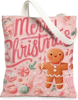 Generic Sacs fourre-tout en toile de No&euml;l motif pain d&eacute;pices, sacs d&eacute;picerie r&eacute;utilisables, vintage, l&eacute;gers, lavables &agrave; l&eacute;paule S, P&ecirc;che, 13x15 Inch