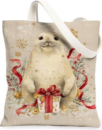 Generic Sacs fourre-tout en toile motif animal de Noël, sacs dépicerie réutilisables, légers et lavables, Beige, 13x15 Inch