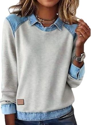 Generic Chemises en denim patchwork &agrave; revers pour femme - Col en denim - Patchwork d&eacute;contract&eacute; - Pull ample - Haut de couleur unie, Gris abricot, XXL