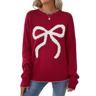 Generic Pull d&eacute;contract&eacute; &agrave; col rond et manches longues pour femme - Pull vintage en tricot &eacute;pais surdimensionn&eacute; - Grande taille - Hauts en polaire, Rouge, XL