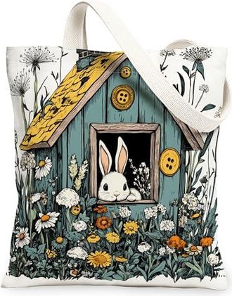 Generic Sac fourre-tout en toile r&eacute;utilisable pour le shopping 33 x 38 cm, motif lapin printanier, sac d&eacute;picerie r&eacute;utilisable pour femme, jolie fleur sauvage,