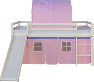Homestyle4u 1567, Kinderbett 90x200 Weiß Hochbett mit Rutsche Treppe Vorhang Tunnel Rosa Bettgestell Holz Kiefer Kinderzimmer