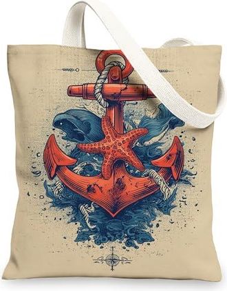 Generic Sacs fourre-tout en toile nautique réutilisables sur le thème de locéan, sacs dépicerie vintage légers et lavables avec bandoulière pour plage, voyage