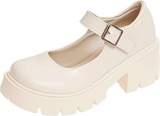 Rismart Femmes Plateforme Mary Jane Bout Rond Talon épais Sangle Cheville Chaussures Lolita (Beige,38.5 EU)