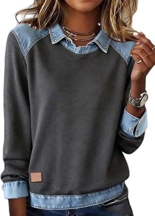 Generic Chemises en denim patchwork &agrave; revers pour femme - Col en denim - Patchwork d&eacute;contract&eacute; - Pull ample - Haut de couleur unie, gris fonc&eacute;, XXL