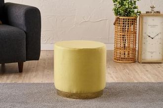 Atelier Del Sofa Stylish Yellow Pouffe with Wooden Frame & Metal Legs, 40 cm Diameter x 40 cm Height | 50% Cotton/50% Polyester, Easy Clean Fabric, Comfortable 32 DNS 