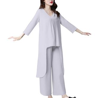 Generic Ensemble de surv&ecirc;tement d&eacute;contract&eacute; de couleur unie &agrave; manches longues et col rond pour femme - Ensemble de v&ecirc;tements de d&eacute;tente pour femme - Pantalon 