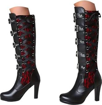 Generic Bottes à talon bloc pour femme - Longueur mollet - Style victorien - Bout pointu - En cuir - Talon bas - Coupe large - Vintage, Rouge D, 39.5 EU