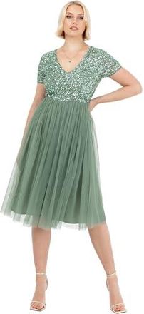 Maya Embellished Midi Evening Dress for Women Ladies V Neckline with Short Sleeve for Prom Wedding, Robe de Demoiselle dhonneur Femme, Deep Mint