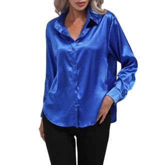 Generic Satin Bluse Oberteile Damen Langarm Bluse V-Ausschnitt Festliche Blusen Elegant Satin Shirt Retro Hemdbluse Seiden Business Outfit Party Oberteile Arb