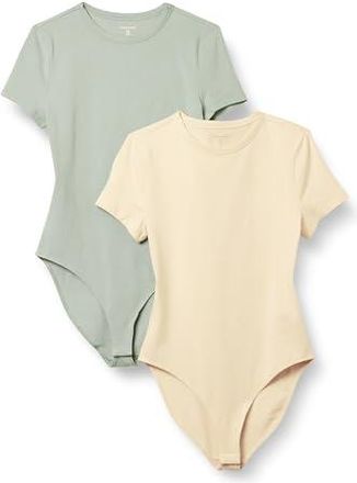 Amazon Essentials Body t-Shirt Coupe Slim en Jersey de Coton Extensible Femme, Lot de 2, Beige/Vert Sauge Clair, XXL