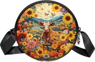 Generic Petit sac &agrave; bandouli&egrave;re rond pour femme, motif tournesol avec fermeture &eacute;clair, bretelles r&eacute;glables, style d&eacute;contract&eacute;, pour femmes et filles